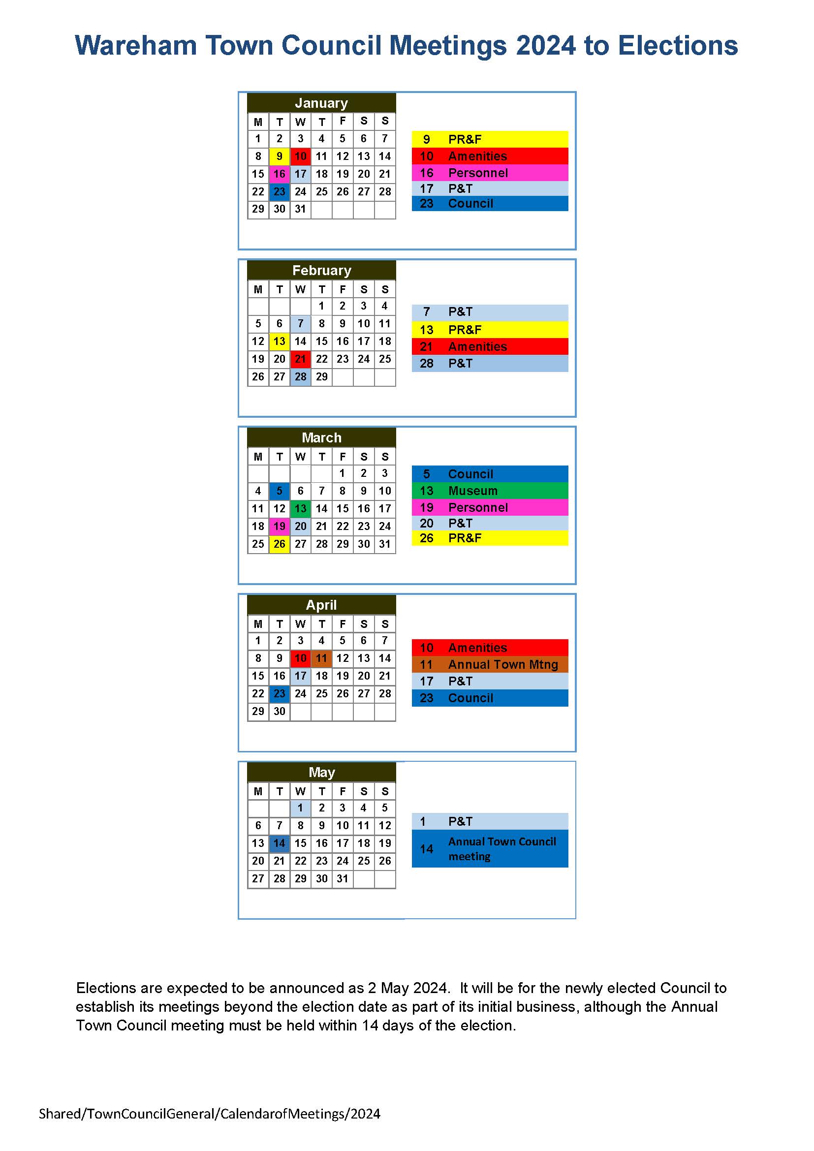 Town Council Meetings 2024 - Wareham Town Council